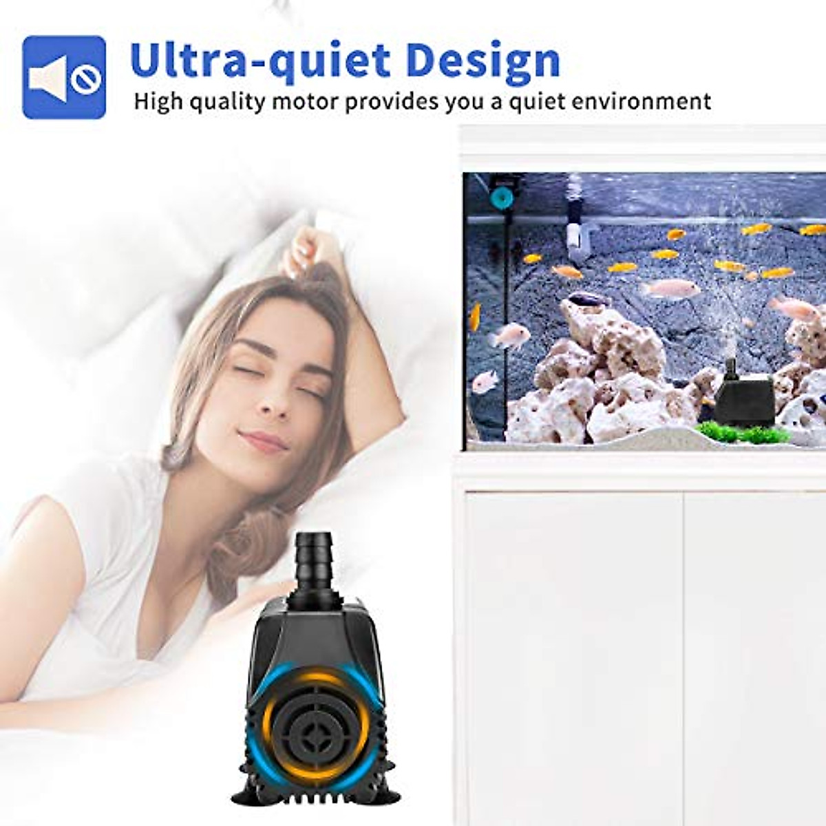 Winkeyes 800GPH Fountain Pump, 70W Outdoor Fountain Pump with Anti Dry Burning, Ultra Quiet Submersible Pond Pump with 10ft High Lift, 5.9ft Power Cord, 3 Nozzles, No Water Flow Adjustment (Black-70W)