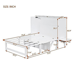 WADRI Modern Full Size Murphy Bed with USB Port and Removable Shelves on Each Side, Wood Mobile Murphy Chest Bed, Muti-Functional Cabinet Bed for Kids Teens Adult (White+Full-60)