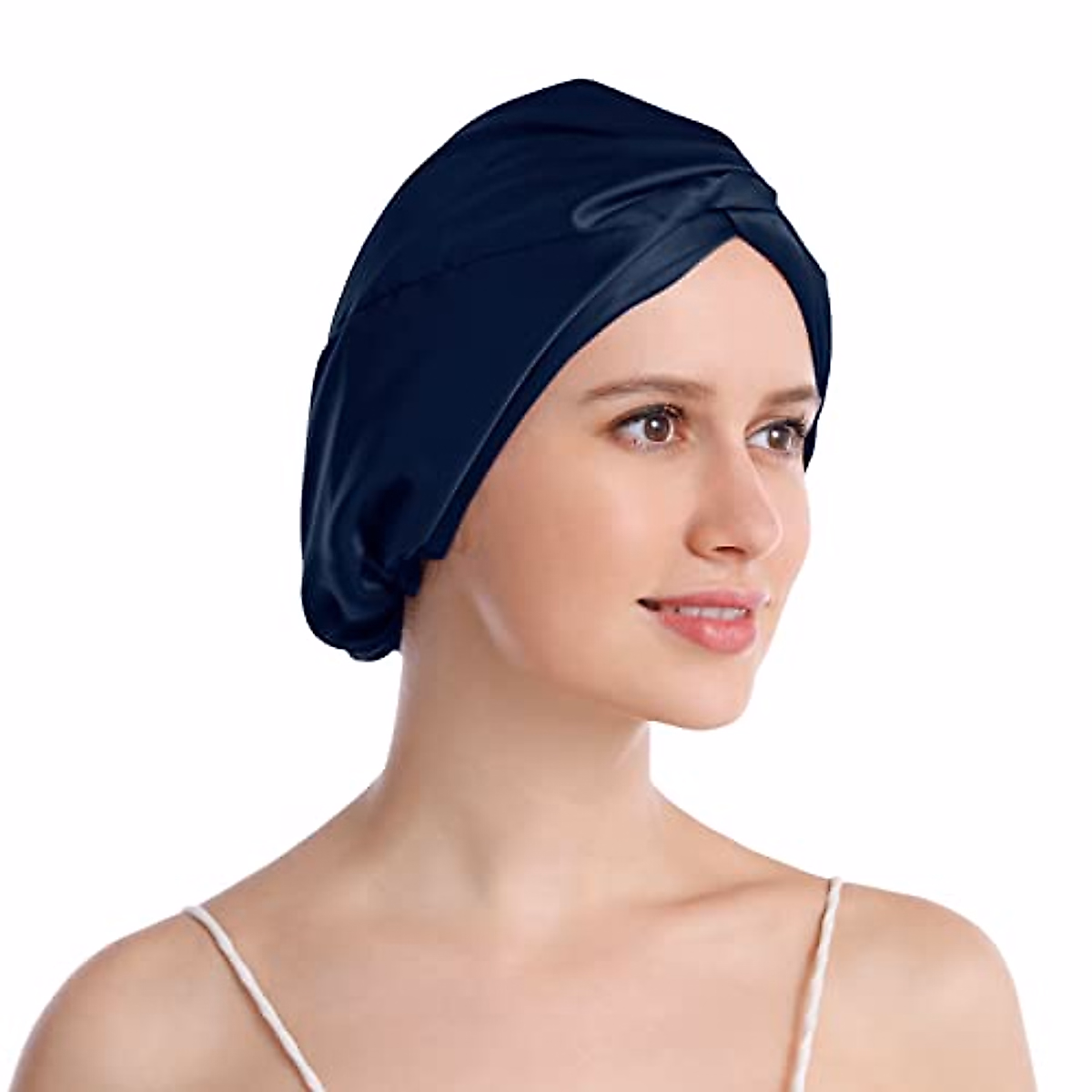 SOBONNY Silk Bonnet for Sleeping 100% Mulberry Silk Sleep Cap for Women Hair Care Night Cap Fixed by The Elastic(1Pc, Navy Blue)