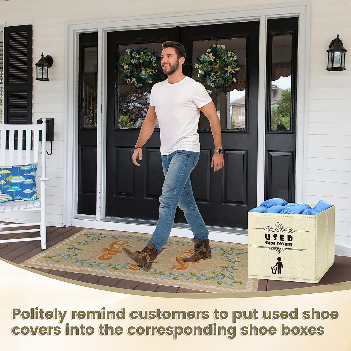 4 Pack Shoe Covers Box, Disposable Shoe Cover Dispenser for Open House, Indoor Homeowner Real Estate Agent Realtor Supplies, Foldable Please Cover or Remove Your Shoes Entryway Basket Storage Bins