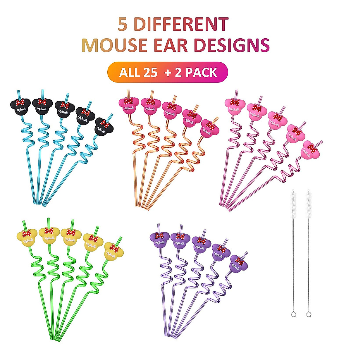 25 Mouse Ear Straws with 2 Cleaning Brush 5 Designs Great for Minnie Theme Birthday as Party Favors and Party Supplies