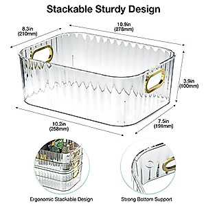 3 Pack Plastic Stackable Clear Storage Bins,Storage Container Basket with Handle for Office,Clear Organizer Bins for Kitchen Cabinet,Refrigerator,Food Pantry,Countertops, Bedrooms, Bathrooms
