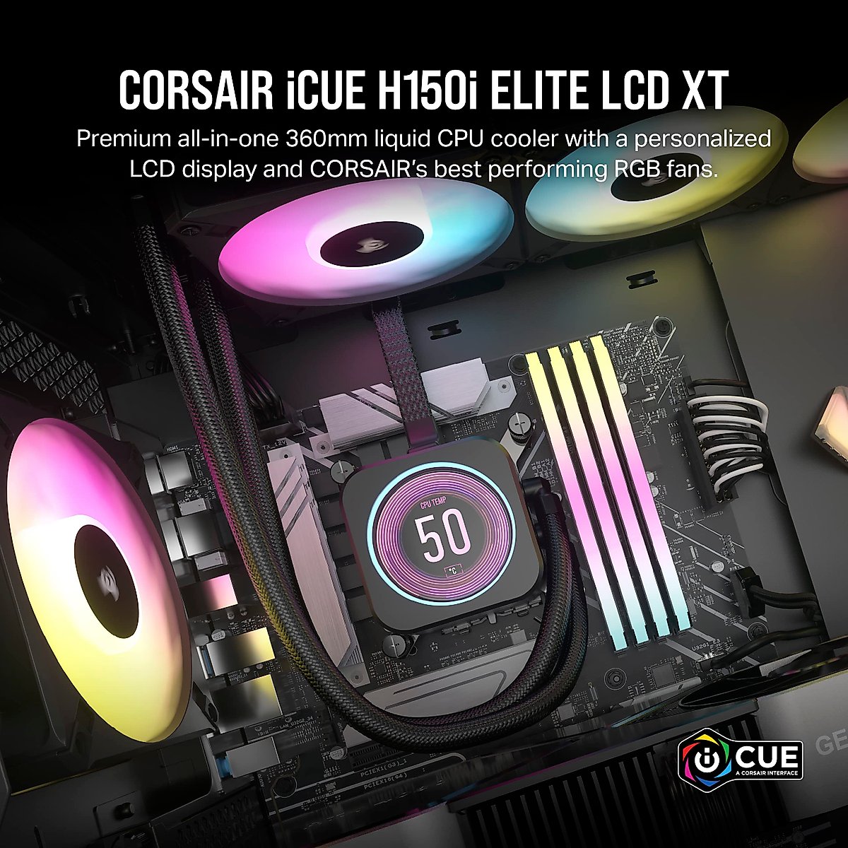 Corsair iCUE H150i Elite LCD XT Liquid CPU Cooler - IPS LCD Screen - Three AF120 RGB Elite Fans - 360mm Radiator - Fits Intel® LGA 1700, AMD® AM5, and More - Included iCUE Commander CORE - Black