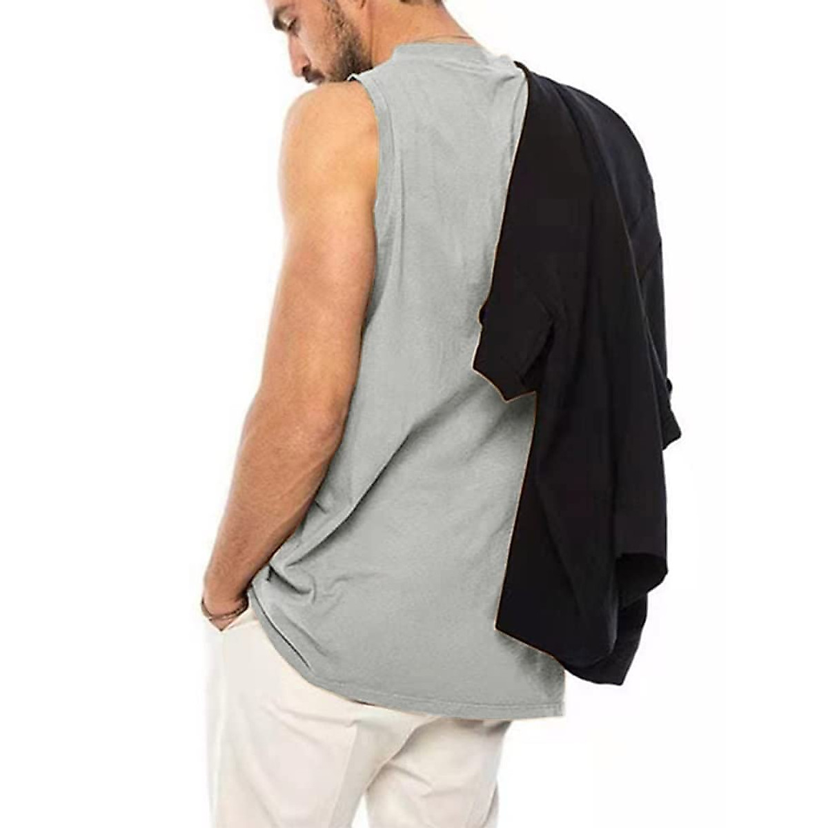 utcoco Men's Cotton Linen Tank Top Solid Color V-Neck Cut Off Tee Summer Beach Sleeveless Shirts for Men (L, Light Grey)