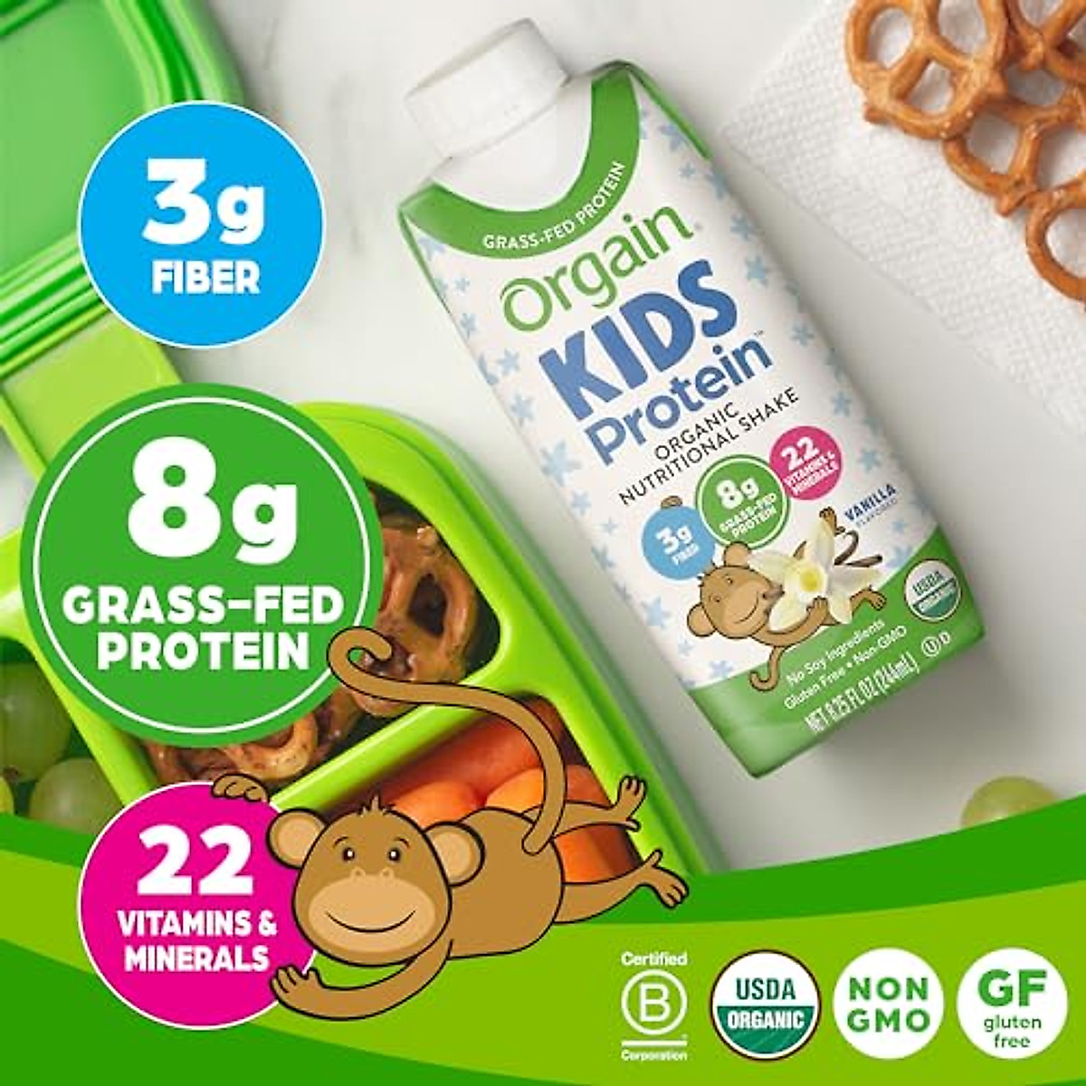 Orgain Organic Kids Nutritional Protein Shake, Vanilla - Kids Snacks with 8g Dairy Protein, 22 Vitamins & Minerals, Fruits & Vegetables, Gluten Free, Soy Free, Non GMO, 8.25 Fl Oz (Pack of 12)