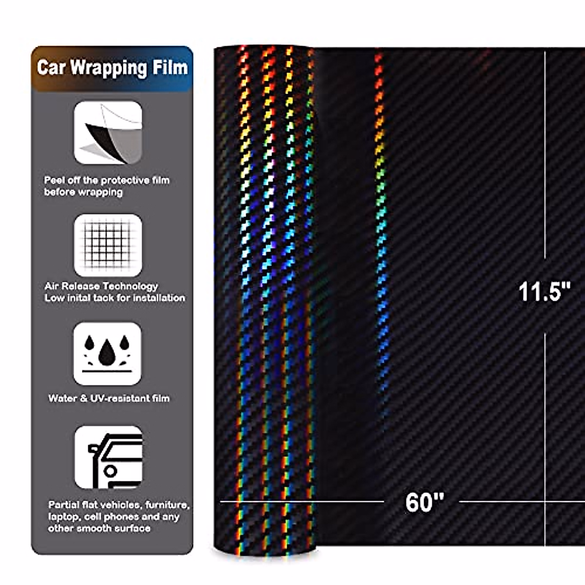 TECKWRAP Holographic Black Carbon Fiber Vinyl Wrap Film Bubble Free Air Release Car Wrap Vinyl Automotive DIY Decals 1ft x 5ft