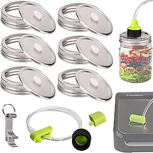 ziHenryDa Fermenting Lids, Vacuum seal cap Compatible with FoodSaver Vacuum Sealer, Food Storage/fermentation lids/Freshness Mason Jar Vacuum Seal Lid,6 set stainless Steel Lids+Accessory Hose,86mm