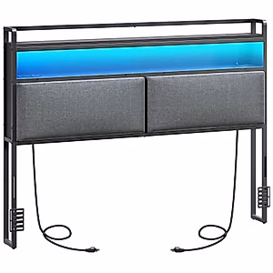 MAHANCRIS Queen Size Headboard, Upholstered Headboard with Charging Station and LED Light, 2 AC Outlets, 2 USB Ports and 2 Type-C Ports, 2-Tier Open Shelves, with Bed Frame Adapters, Black and Gray