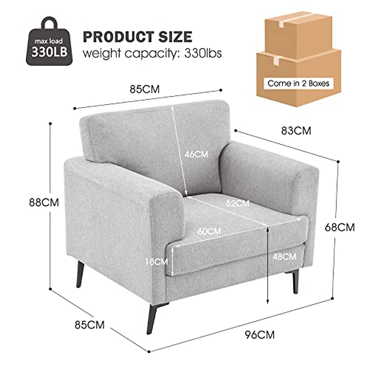 SENYUN Mid Century Modern Accent Chair, Oversized Upholstered Living Room Single Sofa Chair with Metal Legs, Comfy Linen Fabric Reading Lounge Armchair for Apartment, Bedroom, Office