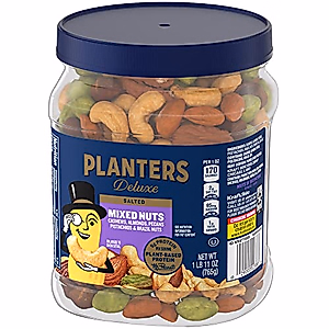 PLANTERS Deluxe Mixed Nuts with Sea Salt, 27 oz. Resealable Container - Variety Mixed Nuts Snacks with Cashews, Almonds, Pecans, Pistachios & Hazelnuts - Energy Boost - Kosher