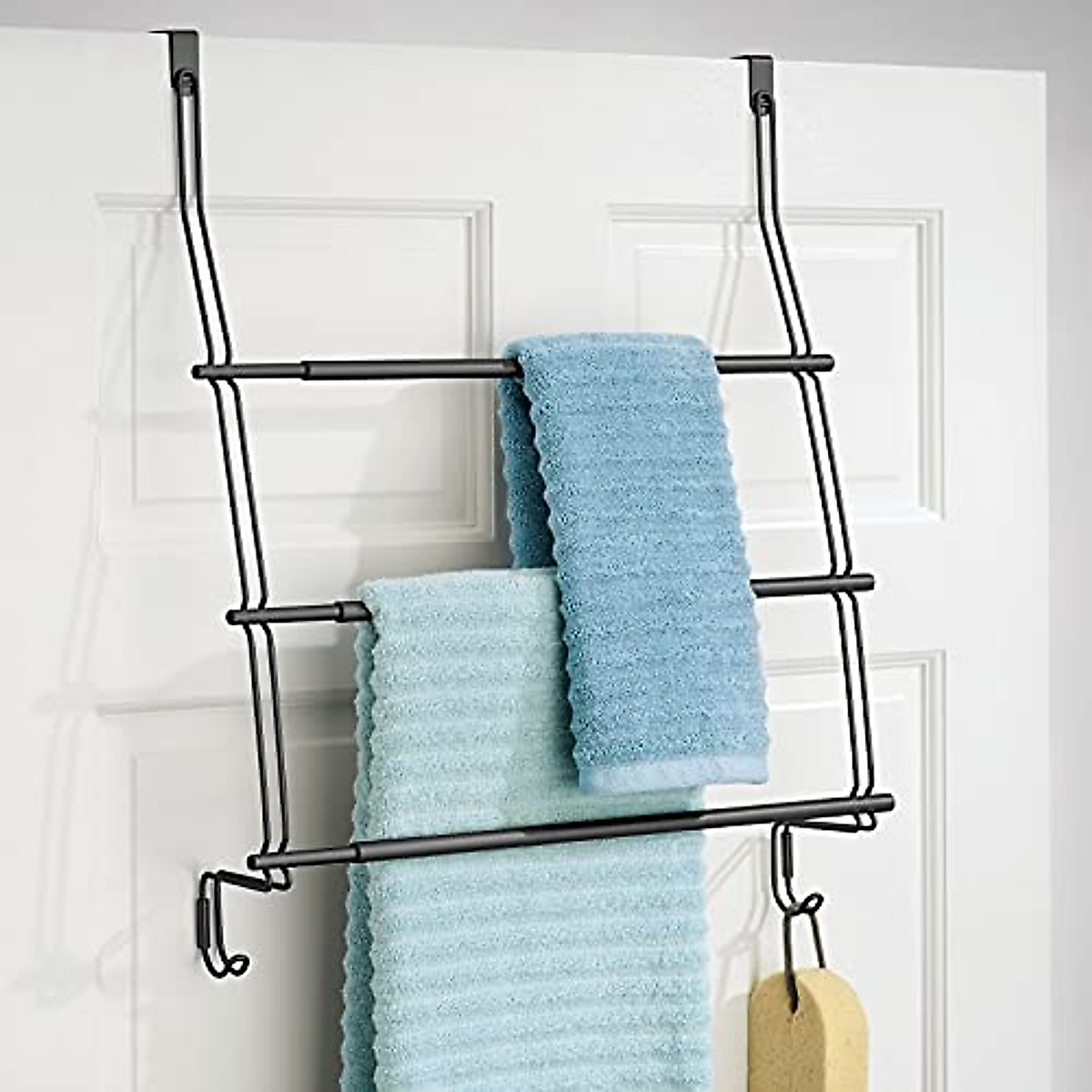mDesign Expandable Metal Over Shower Door Towel Rack for Bathroom - 3-Tier Organizer with 2 Large Hooks - Holder for Hand/Bath Towels, Washcloths, Loofahs, Sponges - Trinity Collection - Matte Black