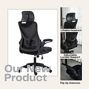 Ergonomic Office Desk Chair with Wheels High Back Computer Task Chair Home Mesh Swivel Desk Chair with Adjustable Back Height Flip up Arms Lumbar Support Headrest for Home/Study/Working