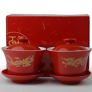 Gaiwan 2 Suits Porcelain Teacups 8oz Cups Chinese Dragon and Phoenix Cover Bowl Saucer Red tureen for Wedding Party (Dragon phoenix)