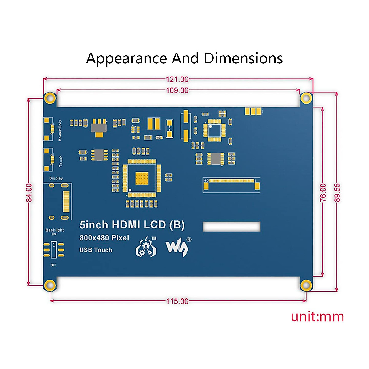 waveshare 5inch HDMI LCD Resistive Touch Screen LCD (B), 800x480 Resolution, Support All Versions of Raspberry Pi,Windows 10/8.1/8/7, BB Black, as Well as General Desktop Computers