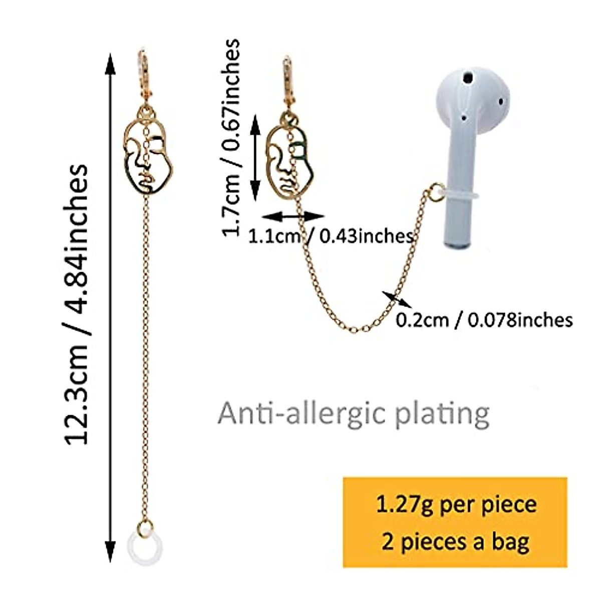 Airpod Earrings Anti Lost Earring Strap for Airpods Anti Lost Strap for Airpods Pro, Wireless Earhooks Earbuds Earphone Holder Connector, Compatible with Airpods 1 2 3 (Gold face Style)