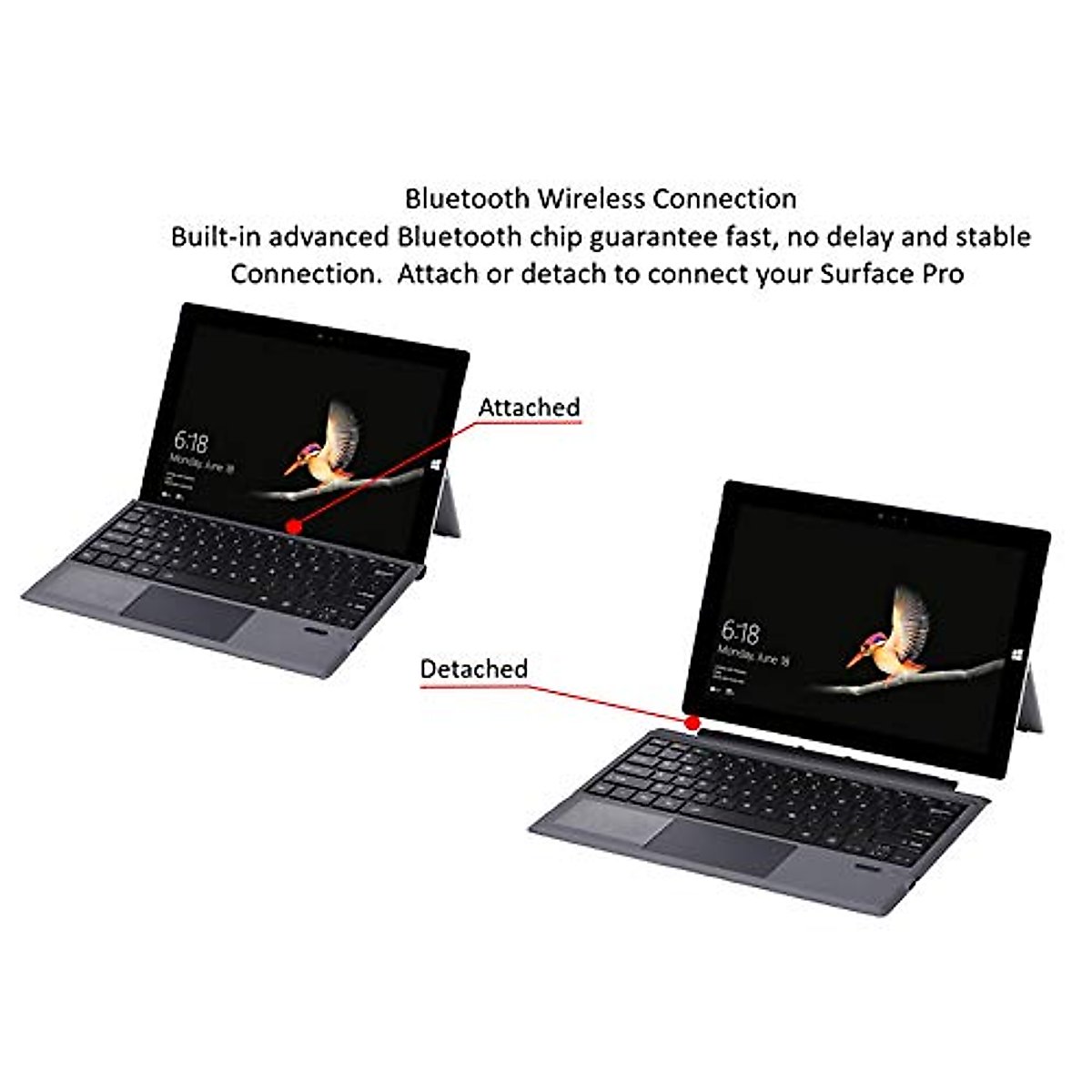 Keyboard Replacement Type Cover Trackpad Mouse for Microsoft Surface Pro 7 / 6 / 5 / 4 / 3 Ergonomic Portable Slim Wireless Bluetooth Rechargeable (with Backlit)
