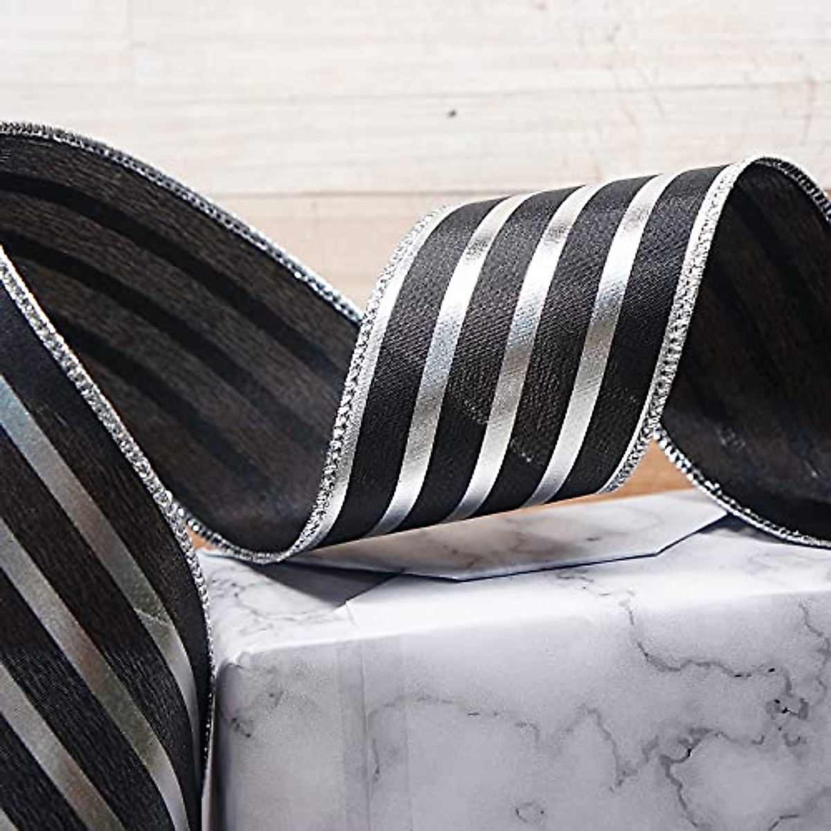 CT CRAFT LLC Black Satin with Silver Stripe Wired Ribbon - 2.5" x 10 Yards for Christmas Home Decor, Gift Wrapping, Bow Making, Wreath, DIY Crafts