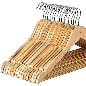 Gerneric 20 Pack Set Wooden Hangers Semi Contoured Hanger Solid Wood Coat Hangers with Stylish Chrome Hooks - Heavy-Duty Clothes, Jacket, Shirt, Pants, Suit Curved Hangers Brown
