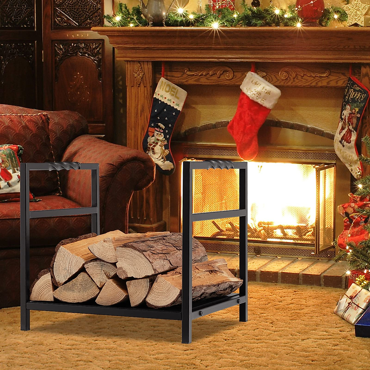 Goplus 16 Inch Small Firewood Rack, Indoor Outdoor Decorative Firewood Log Holder with Easy-to-Grab Handle & Raised Base, Heavy Duty Steel Wood Storage Stacker for Fireplace Fire Pit Fire Stove Patio