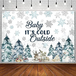 AIBIIN 7x5ft Winter Baby Shower Backdrop Baby It's Cold Outside Party Decoration Supplies Pine Tree Xmas Gift Reindeer Blue Silver Snowflake Wonderland Photography Background Banner Photo Studio Prop
