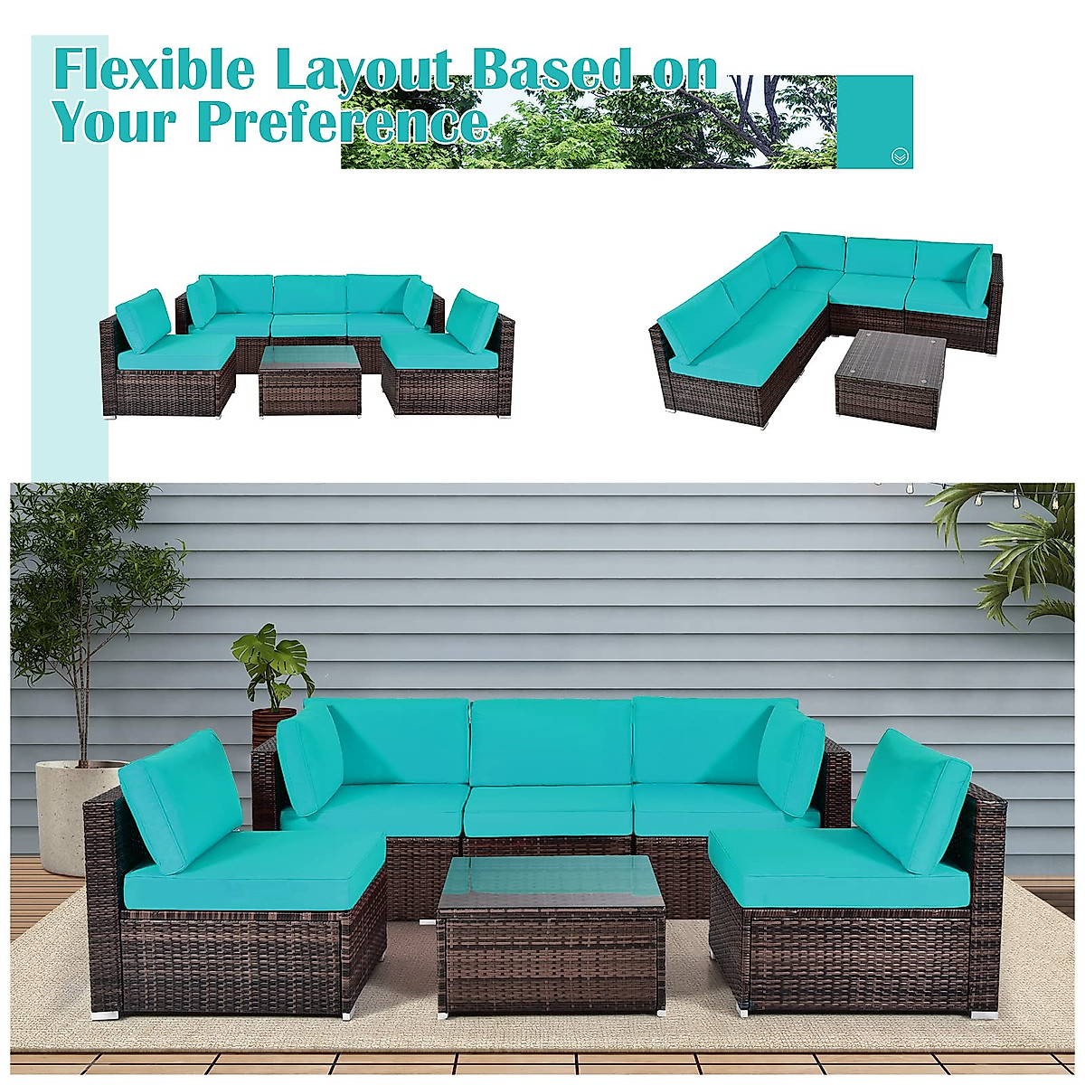 HAPPYGRILL 6 Pieces Outdoor Patio Furniture Set, PE Rattan Conversation Set with Tempered Glass Coffee Table and Cozy Cushions, Weather Resistant Sectional Sofa Set, Turquoise