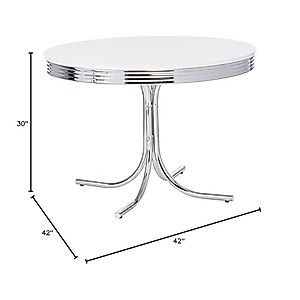Coaster Home Furnishings Retro 1950s Soda Fountain Diner Round Dining Room Table White Laminate Top Sturdy Steel Chrome Base 2388
