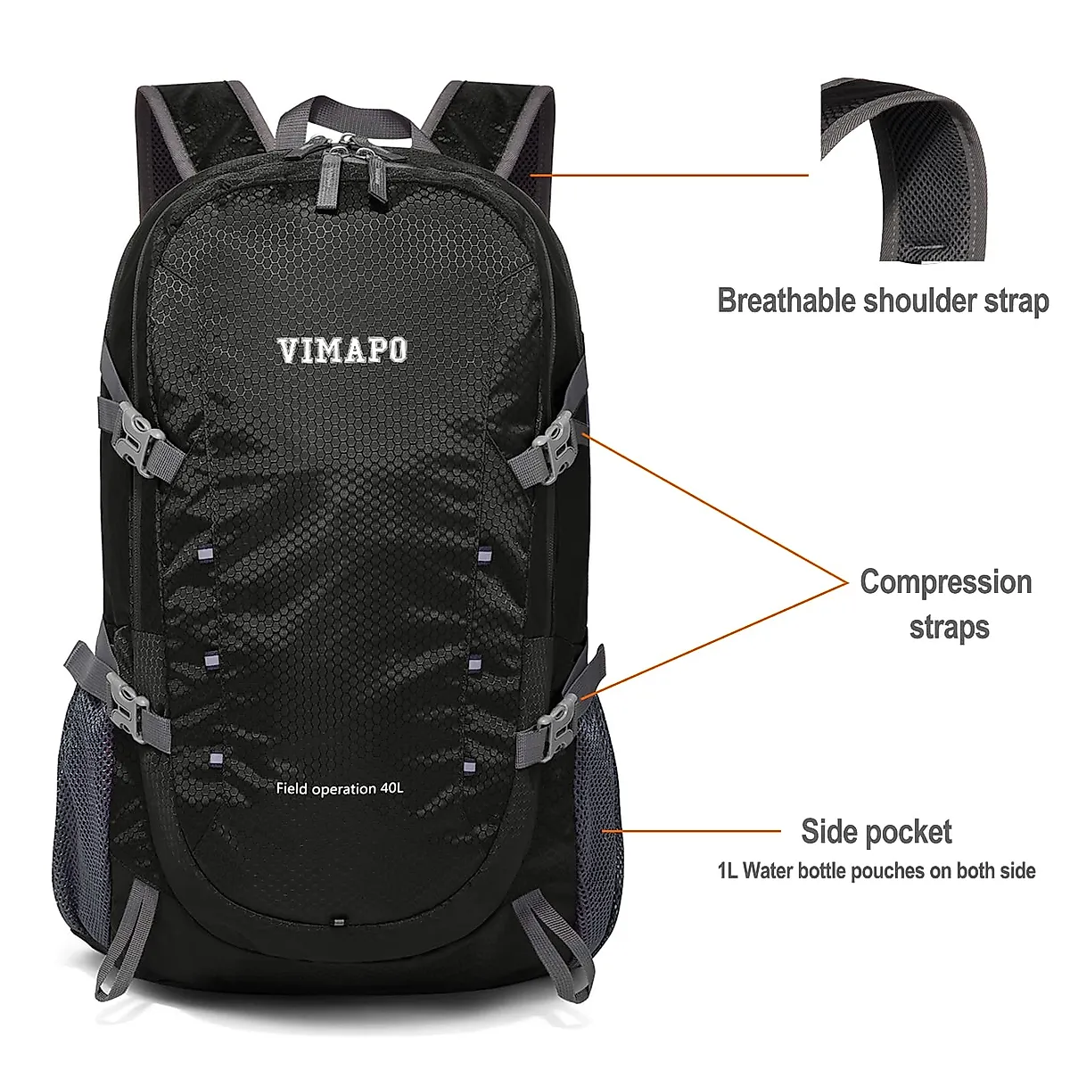 vimapo Packable Lightweight Backpack 40L, Ripstop Nylon Foldable Traveling Daypack, Collapsible Hiking Backpack For Outdoor(Black)