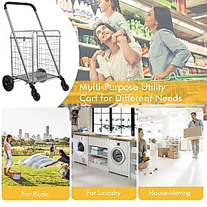 Shopping Cart with Wheels, Realife Folding Utility Cart with Brake for Grocery, Holds Up to 90lbs, Silver