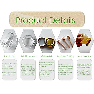 DnayDkiy 60-Count Mini Hexagonal Glass Honey Jars with Dippers - Perfect Party Favors for Baby Showers - Includes Gold Bee Charms, Thank You Cards, Stickers, Gift Bags, and Silk Ribbon