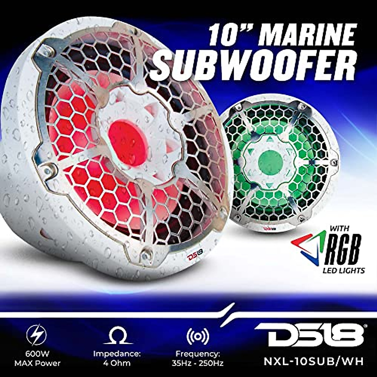 NXL 10" Marine Subwoofer with LED RGB Lights 300 Watts Rms SVC 4-Ohm -White