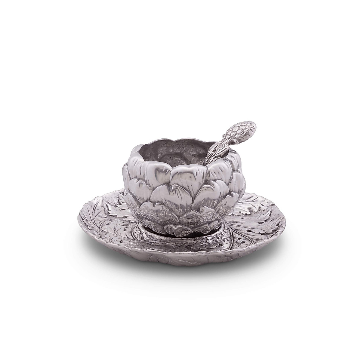 Arthur Court Aluminum Artichoke Condiment Set 3 piece Bowl, Tray, Spoon 7 inch Diameter Tray