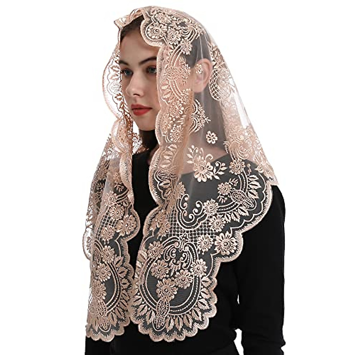 Bozidol Spanish Style Catholic Mass Mantillas Veil for Prayer Floral Orthodox Head Coverings Shawl Chapel Veils (Champagne)