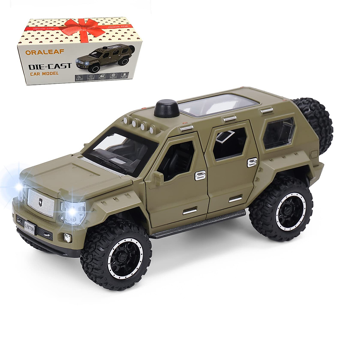 ORALEAF Die Cast Metal Toy Cars, 1/24 Scale Off-Road Car Toy Model with Sound and Light, Gifts for 3 Year Old Boys and up