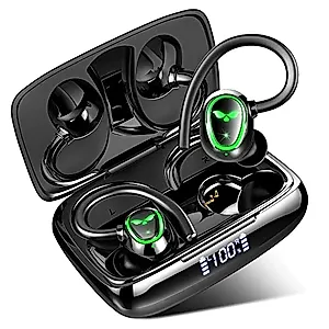 Wireless Earbud Bluetooth 5.3 Headphones Sport Earphones in Ear 48H Playback Stereo Noise Cancelling Earbud with Dual Mic LED Display, Over-Ear Earhooks Ear Buds IP7 Waterproof Headset for Running Gym