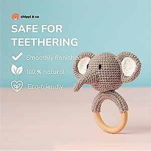 Chippi & Co Wooden Crochet Baby Rattle, Crochet Toys Stuffed Animals Easter Gifts for Kids, Wooden Newborn Toys, Easter Basket Stuffers, Basket Filler, Baby Shower Decor (Eddy The Elephant)