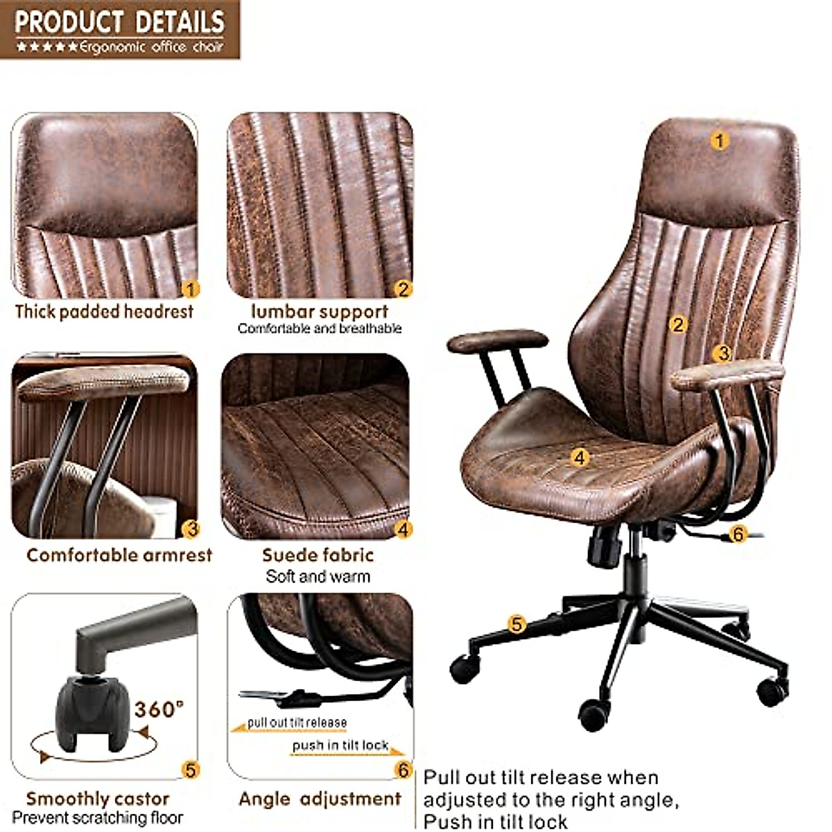XIZZI Ergonomic Chair, Modern Computer Desk Chair,Executive Swivel Task Chair with Armrests Support (Dark Brown)