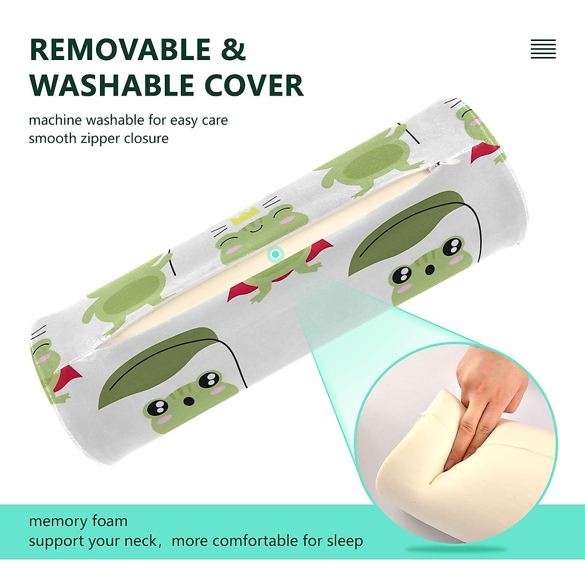 xigua Cute Frog Neck Roll Pillow for Neck Relief with Removable Washable Cover - Memory Foam Round Cylinder Bolster, Ergonomically Designed for Head, Neck, Back, and Legs