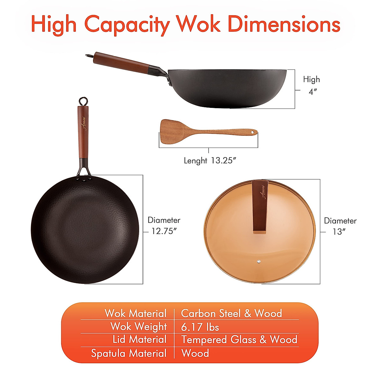 Carbon Steel Wok with Lid and Wooden Spatula, 12.5 Inch Flat Bottom Wok Pan for Gas, Electric, and Induction Stoves, Heat-Resistant Handle and Glass Lid with Stand, Versatile Stir Fry Pan