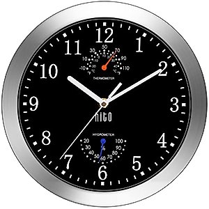 HITO 10” Silent Wall Clock Battery Operated Non Ticking Sweep Movement Glass Cover Silver Aluminum Frame, for Kitchen, Bedroom, Home Office, Living Room Decor (Black)