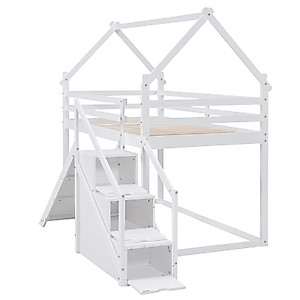 BestLM Twin Over Twin Wood House Bunk Bed with Slide and Storage Staircase, Twin Size House Loft Bed Frame with Roof and Safety Guardrails for Boys and Girls, White