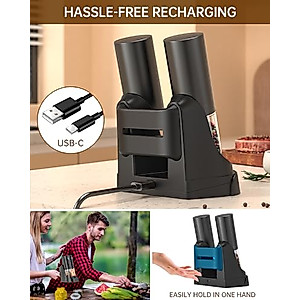 CIRCLE JOY Electric Salt and Pepper Grinder Set Automatic Salt and Pepper Grinder Set with Easy-to-Carry Charging Base and LED Light, Adjustable Coarseness, USB Rechargeable, Washable Container, Black