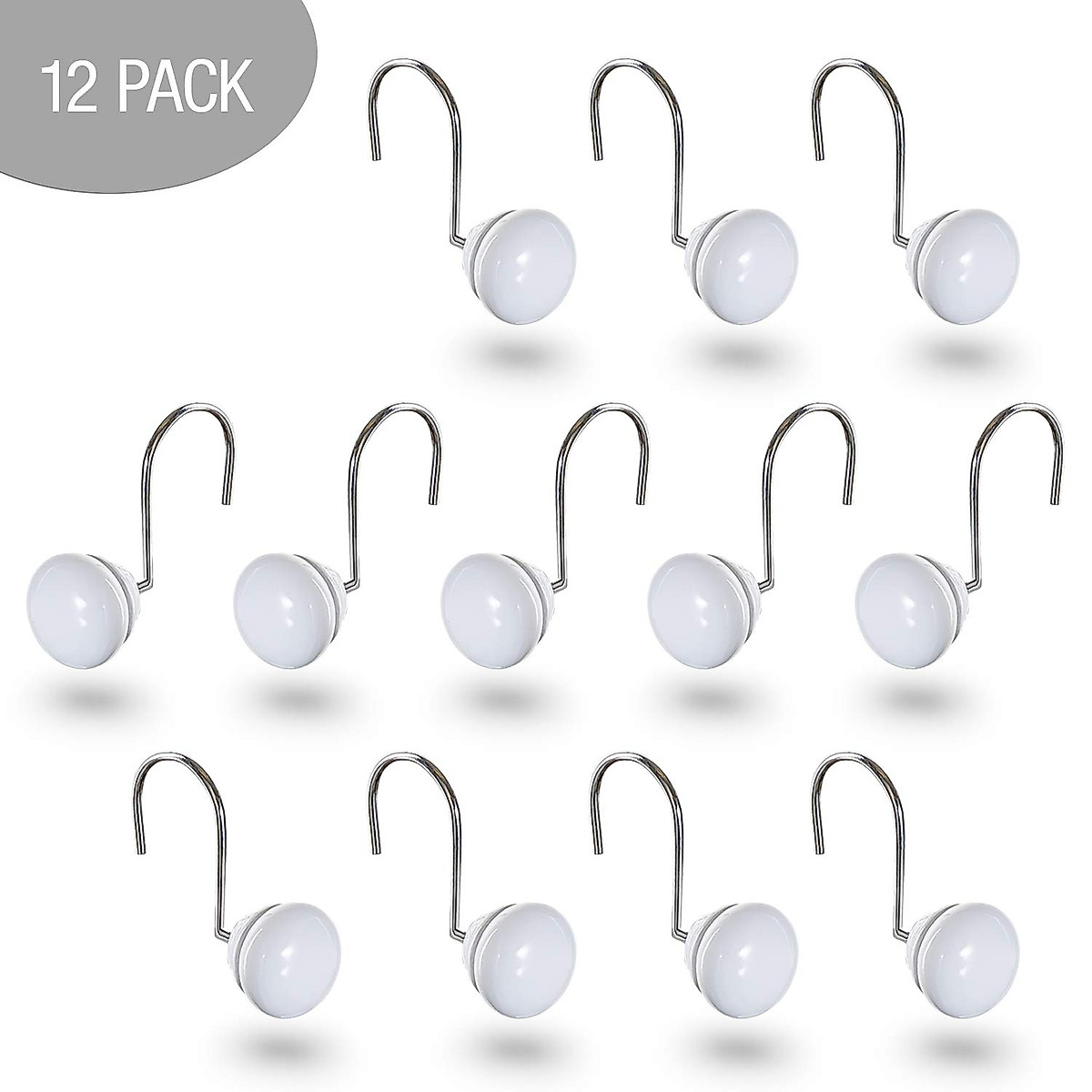 Creative Scents White Shower Curtain Hooks - Set of 12 White Shower Curtain Rings for Bathroom Shower Rod - Decorative Shower Hooks for Shower Curtain - Sturdy Easy to Glide Shower Rings for Curtain