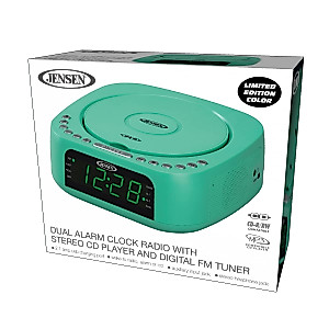 Jensen Teal Modern Home Audio CD Player Tabletop Stereo Dual Alarm Clock Digital FM Radio | Top-Loading CD/MP3/WMA Player | USB Charging Port 2.1A | Headphone Jack | 0.9 Display Green LED