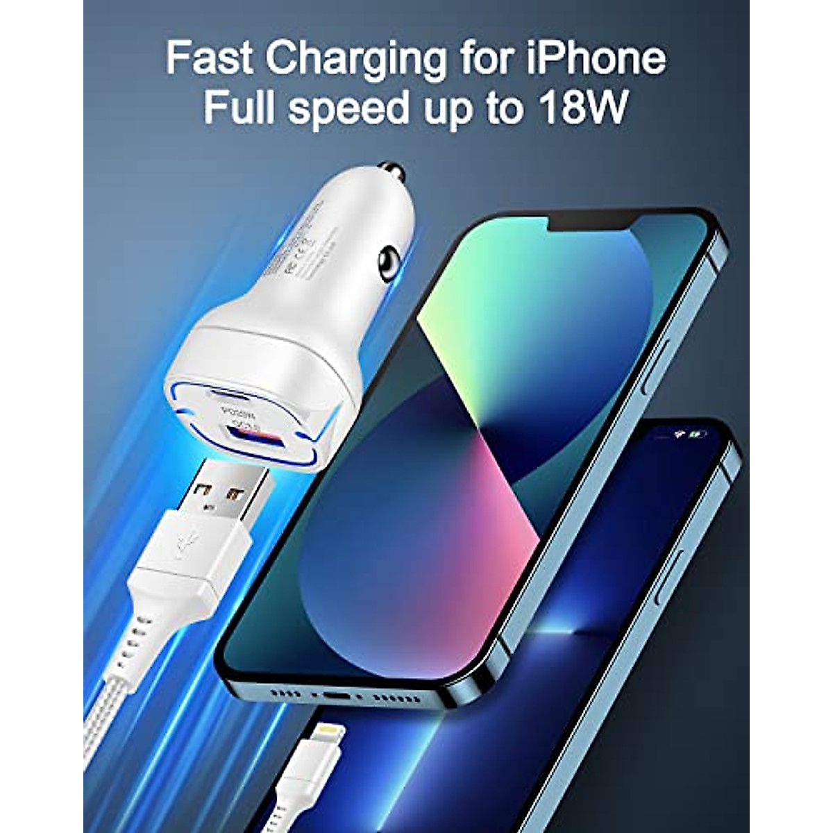 iPhone Fast Charger Kit for iPhone 14/13/12/11 Pro Max, X/XR/XS/SE, 8/7 Plus, 6/6s/5c, Quick Charge 3.0 Wall Plug Cigarette Lighter Car Adapter + Apple MFI Certified USB to Lightning Cable[2Pcs/3FT]