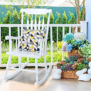 PHI VILLA Outdoor Wood Rocking Chair, Oversized Acacia Wood Slat Back Rocker Chairs for Patio, Deck, Balcony, Porch and Indoor, 30° Safe Recline Support 350 lbs - White