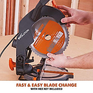 Evolution Power Tools R210CMS Compound Miter Saw, 8-1/4" Multi-Material Cutting TCT Blade Included Cuts Wood Metal Plastic & More, 45° - 45° Degree Miter & 45˚ Degree Bevel Angles, 1200W, 8-1/4"