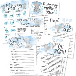 25 Elephant Word Scramble For Baby Shower, 25 True Or False Game, 25 Trivia Game, 25 Find The Guest, 25 Baby Animal Matching, 25 Nursery Rhyme Game - 6 Double Sided Cards Baby Shower Ideas