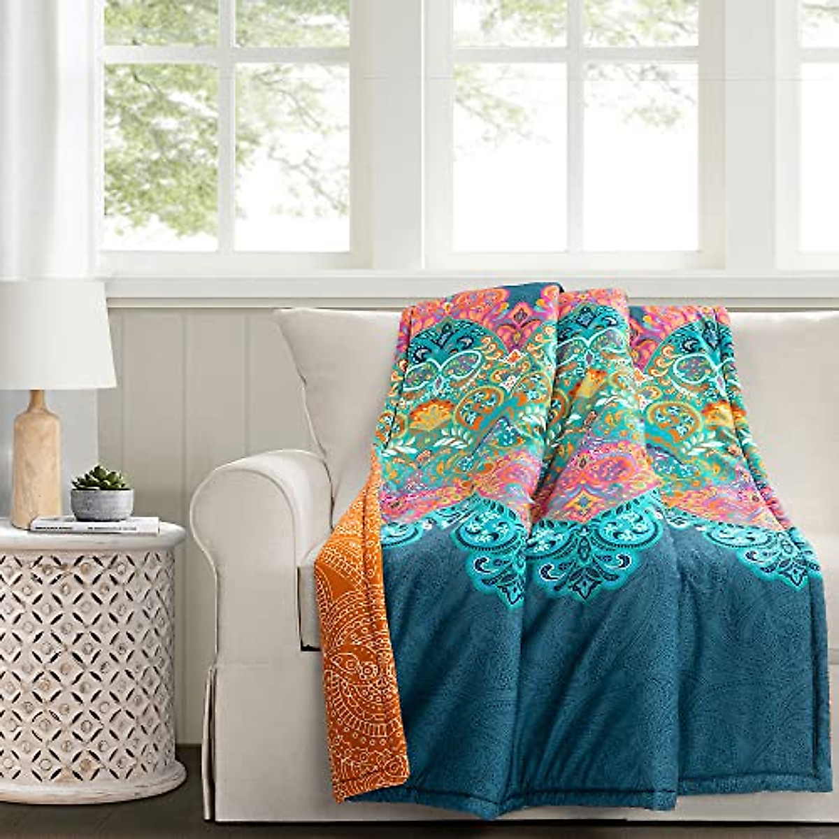Lush Decor Boho Chic Reversible Throw Blanket, 60" x 50", Turquoise &Navy