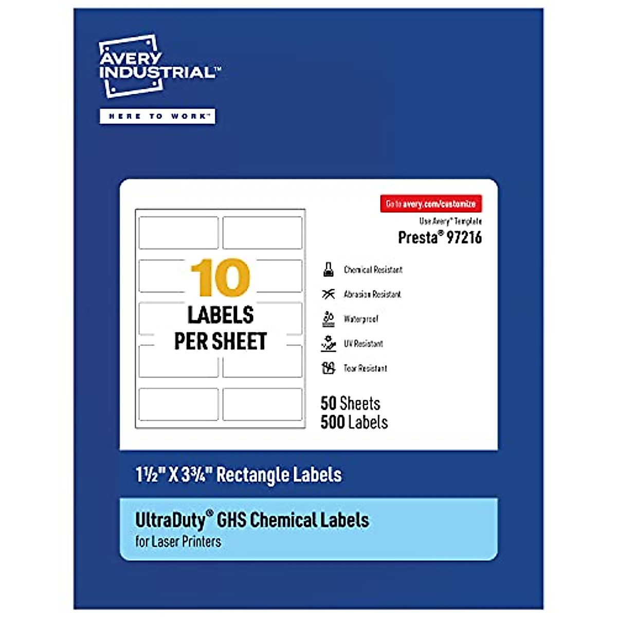 Avery UltraDuty GHS Labels, Waterproof, 1.5 X 3.75 Inch Rectangle Printable Labels, Pack of 500 White Labels for Use with Laser Printers