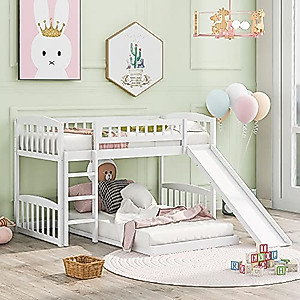 Tidyard Twin Over Twin Bunk Bed with Slide and Ladder, Wood Bed White for Bedroom Dorm Guest Room Home Furniture